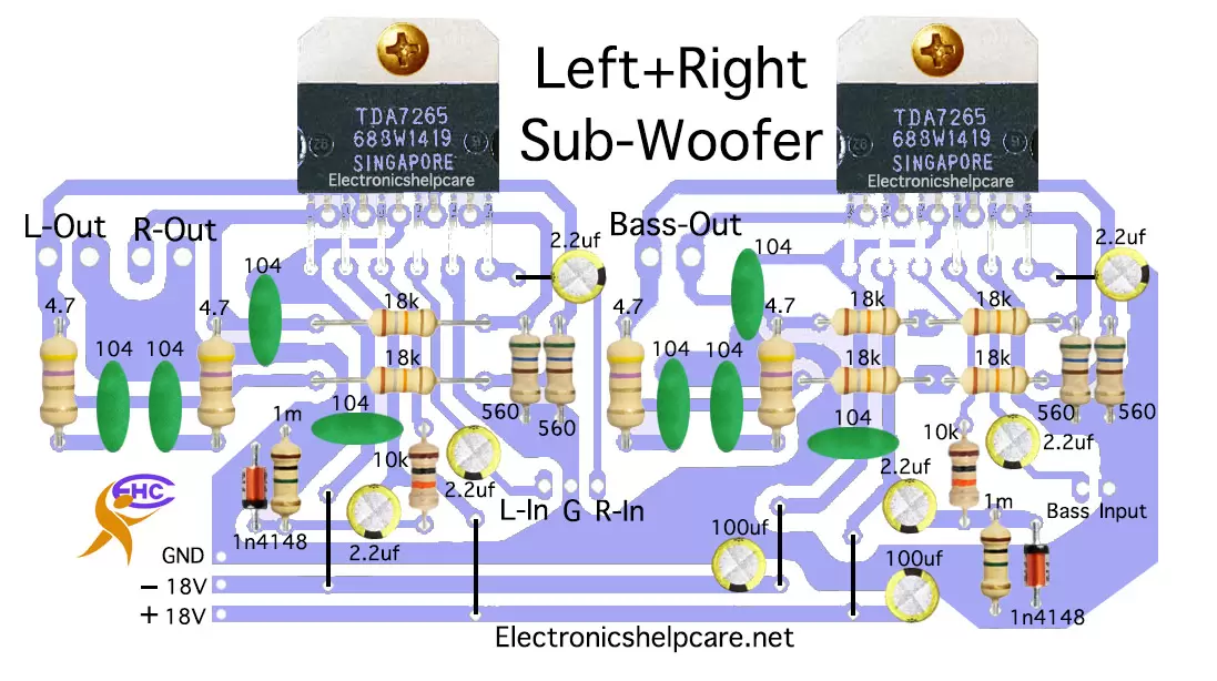 2.1 audio amplifier circuit diagram 25+50+25 watts - Electronics Help Care