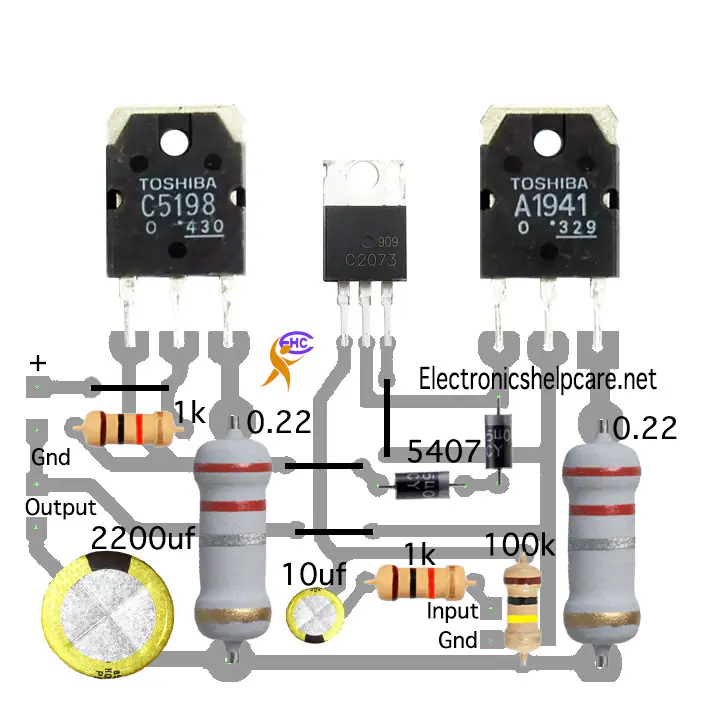 Amplifier diagram using transistor C5198 and A1941 - Electronics Help Care