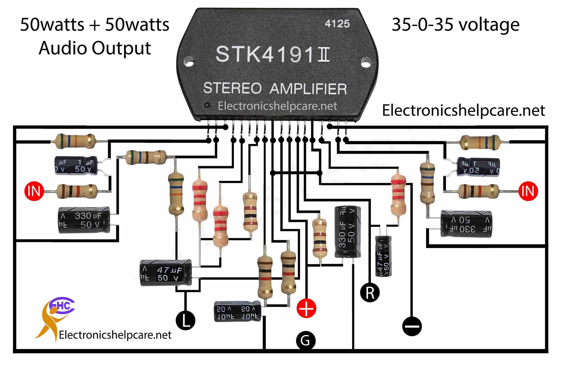 Amplifier circuit diagram using STK4191 - Electronics Help Care