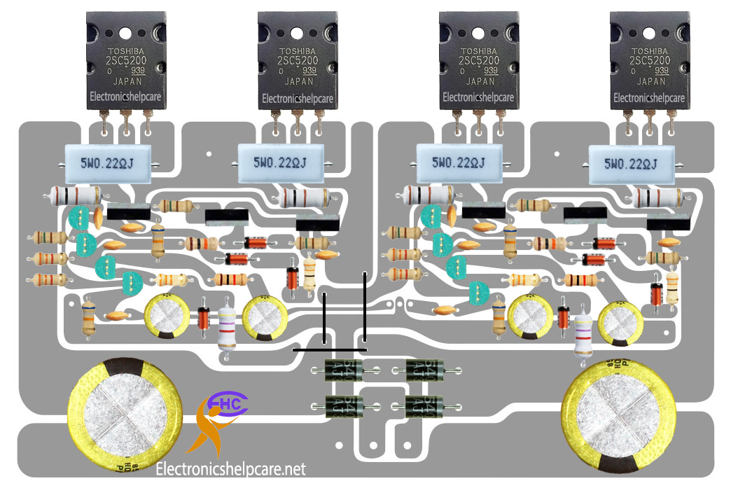 Stereo amplifier circuit diagram using transistor 2sc5200 and 2sa1943 ...